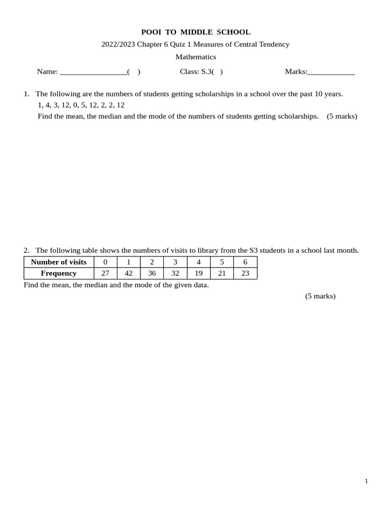 S3 Ch.6 Quiz 1 Measures of Central Tendency | PDF | Descriptive ...