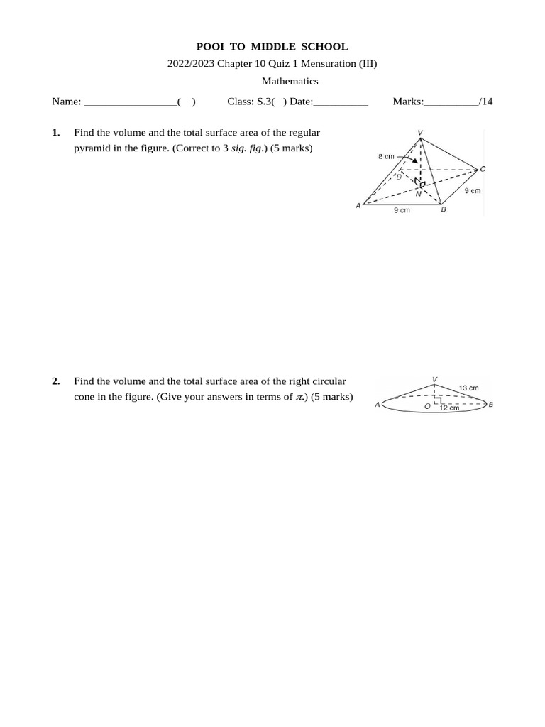 S3 Ch.10 Quiz 1 Mensuration (III) | PDF