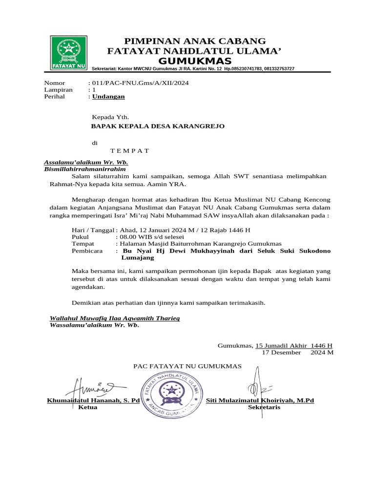 Undangan Anjangsana Fatayat NU 2024 | PDF