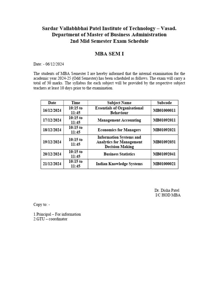 2nd Mid Sem Exams Schedule MBA SEM 1 | PDF