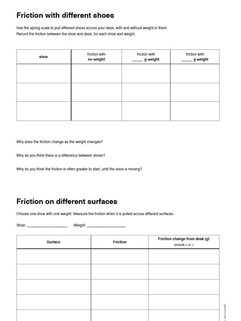 Friction Data Collection Worksheets | PDF