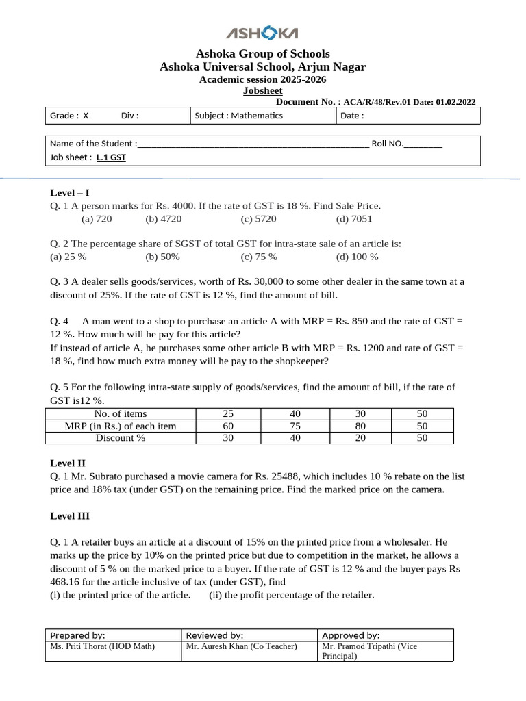 Simple GST Maths Questions for Grade X | PDF | Prices | Economies