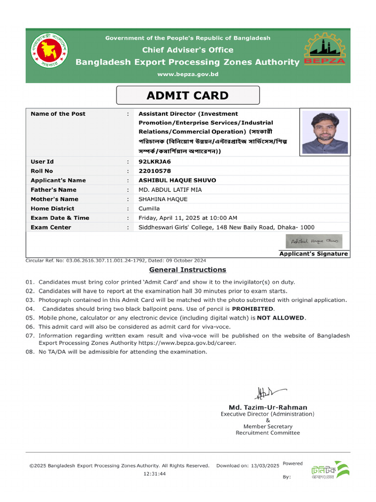 AdmitCard BEPZAR 92LKRJA6 | PDF