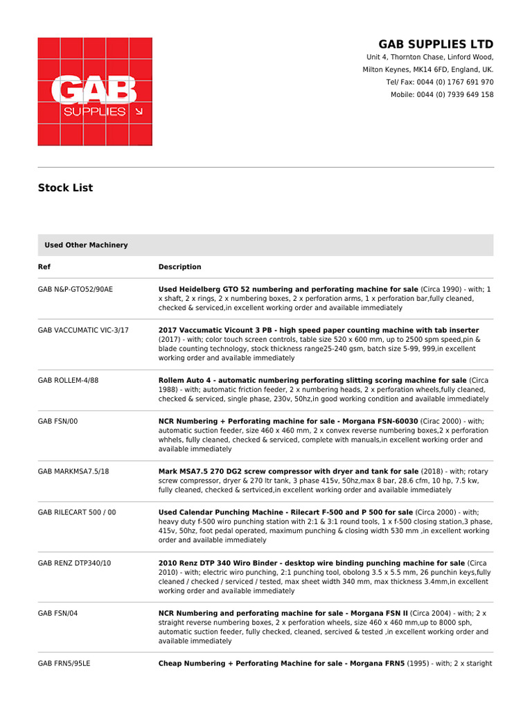 GAB Supplies Ltd: Used Machinery Stock | PDF | Bookbinding