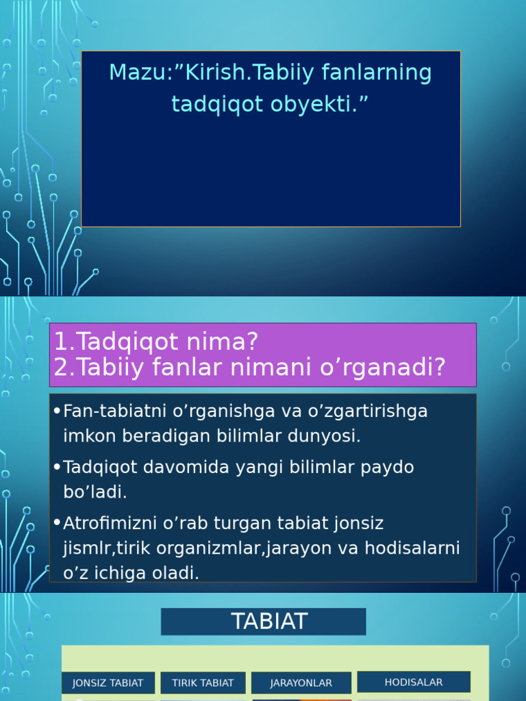 1 - Mavzu Kirish - Tabiiy Fanlarning Tadqiqot Obyekti." | PDF