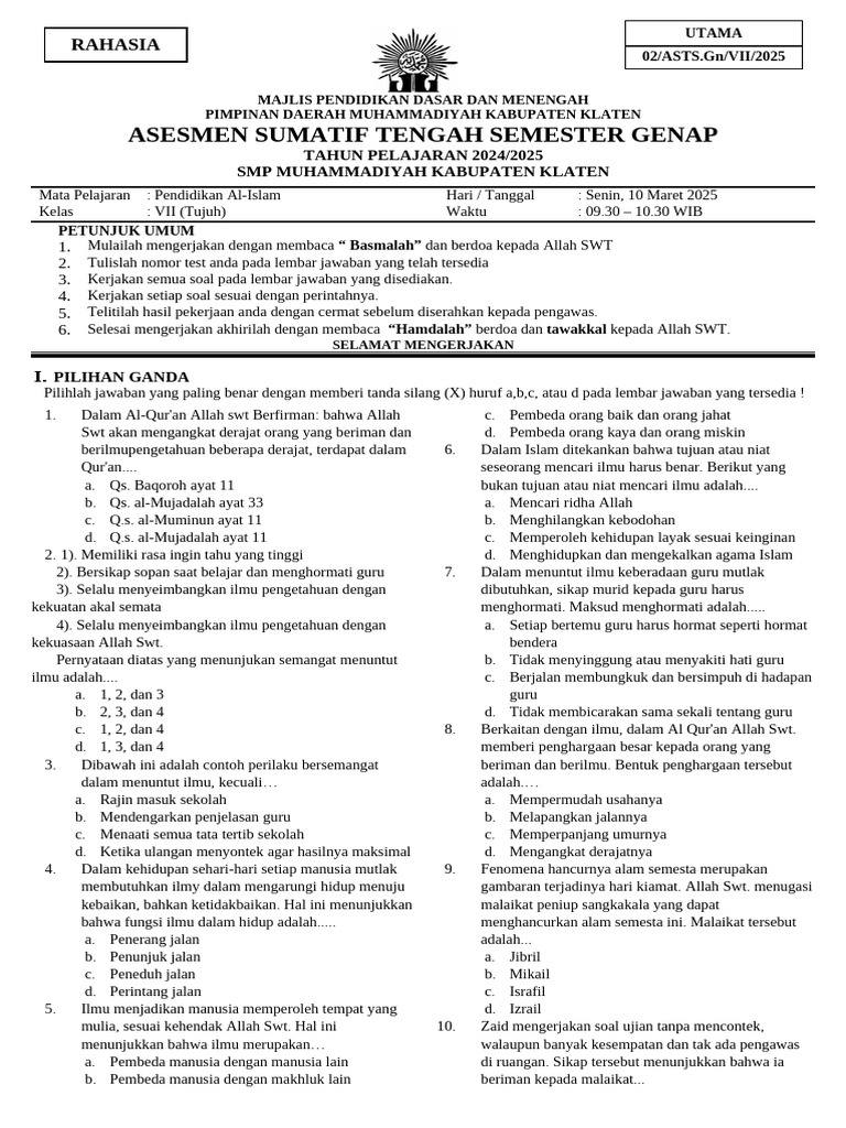 Soal ASTS Genap 2024-2025 AL ISLAM VII | PDF