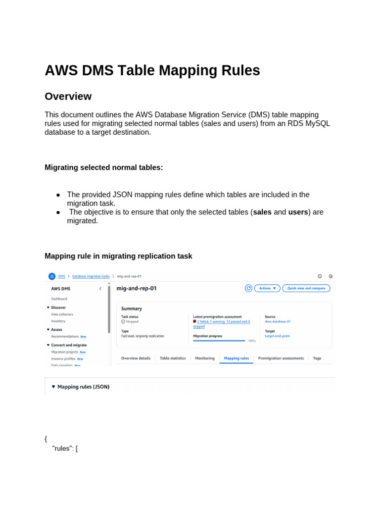 AWS DMS Table Mapping Rules Mallikharjuna | PDF