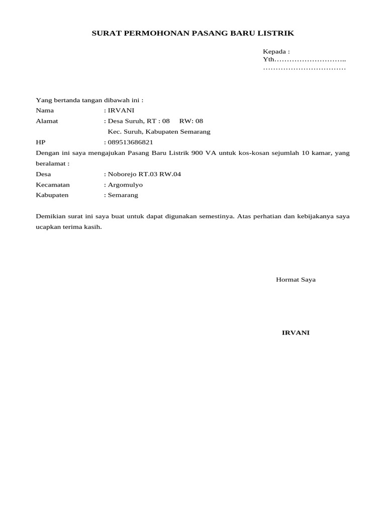 Surat Permohonan Pasang Baru Listrik | PDF