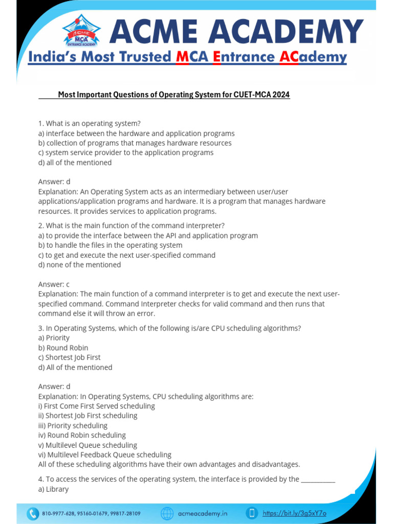 CUET-MCA 2024 OS Exam Questions | PDF | Operating System | Scheduling ...