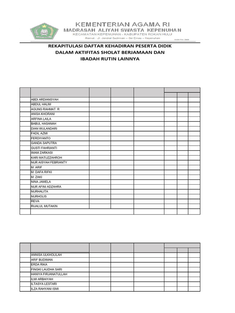 A.1. Rekap Daftar Hadir Siswa_Ibadah | PDF