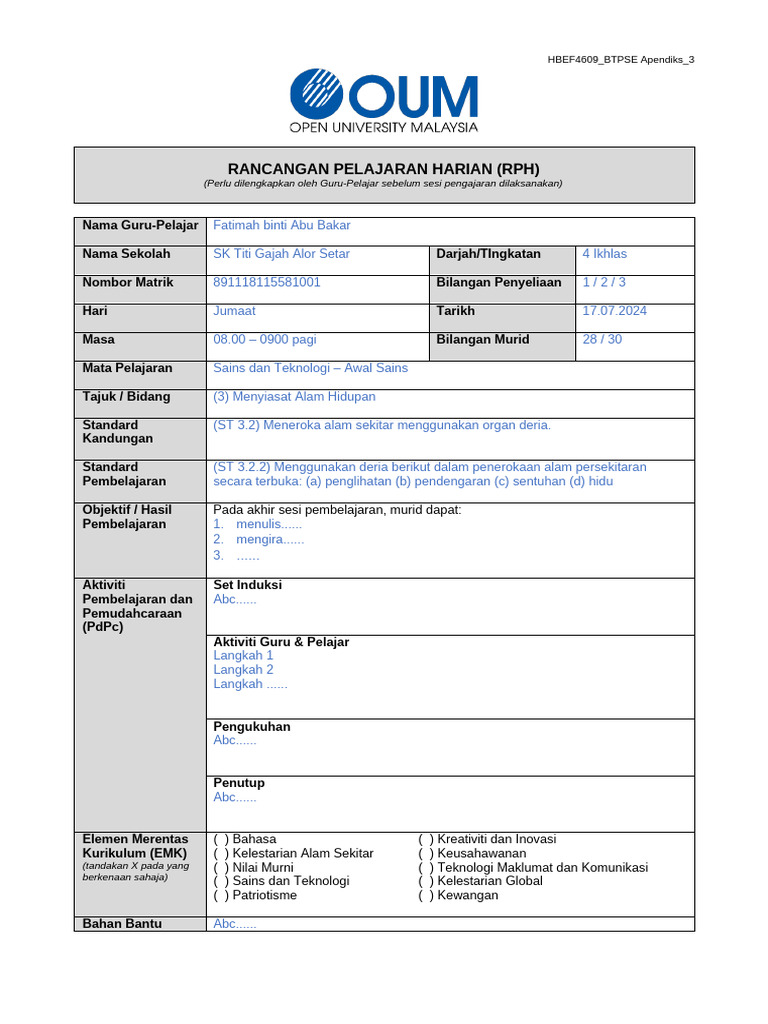 Appendix 3 - BTPSE - RPH - Lesson Plan Template | PDF