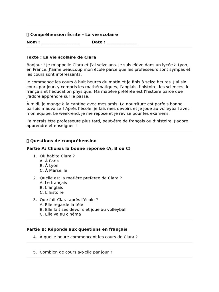 Compréhension Écrite : La Vie Scolaire | PDF