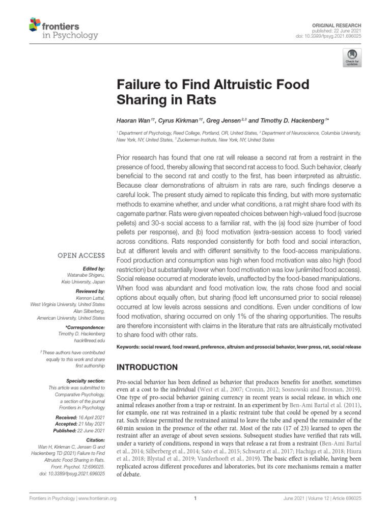 Altruistic food sharing rat | PDF | Altruism | Reinforcement
