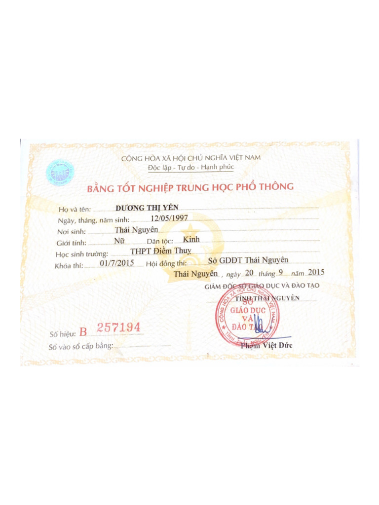 Bang Tot Nghiep Trung Hoc Pho Thong | PDF