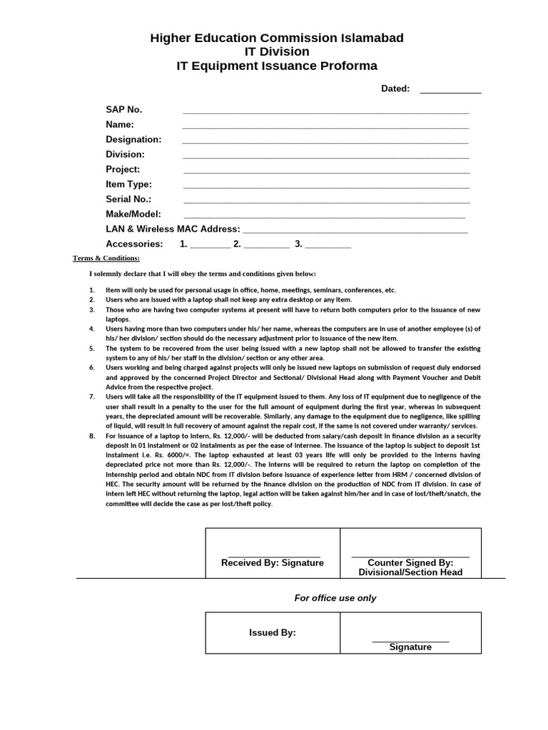Laptop Issuance Performa | PDF
