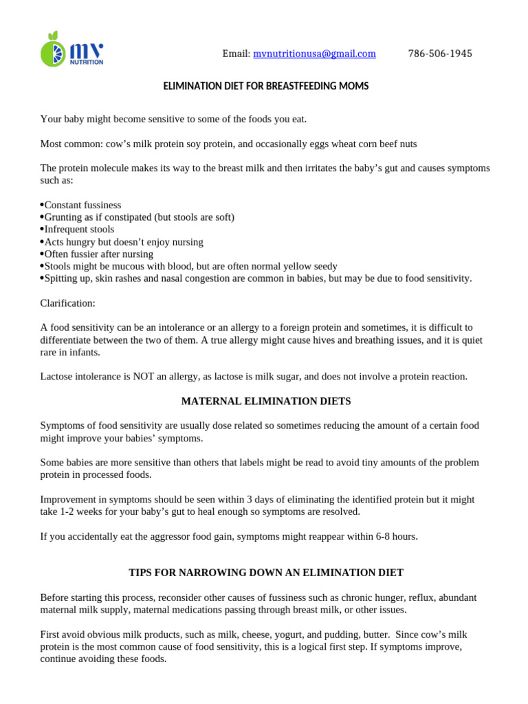 Elimination Diet Guide for Breastfeeding Moms | PDF | Food Intolerance ...