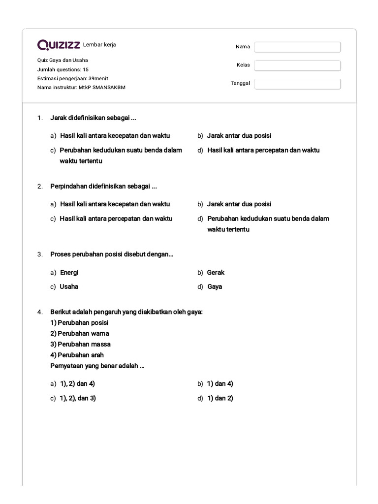 Quiz Gaya Dan Usaha - Quizizz | PDF