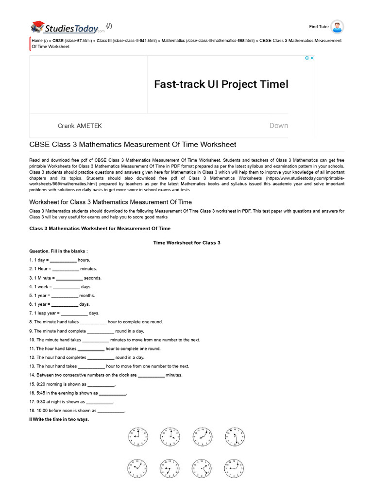 Class 3 Time Measurement Worksheet | PDF | Multiple Choice | Hour