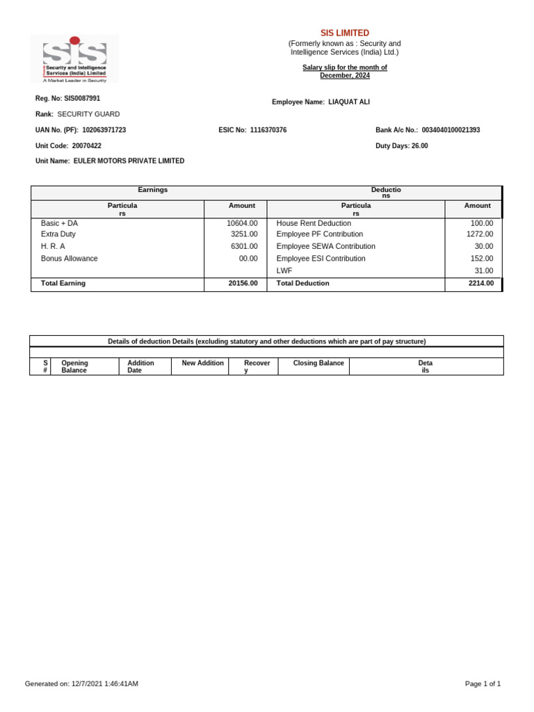 Sis Salary Slip (December) | PDF | Employee Relations | Economy Of India