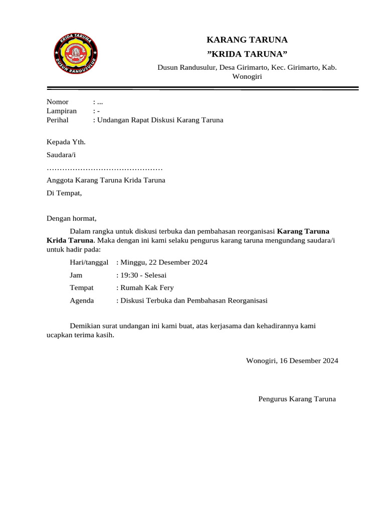 Contoh Undangan Rapat Karang Taruna 4 | PDF