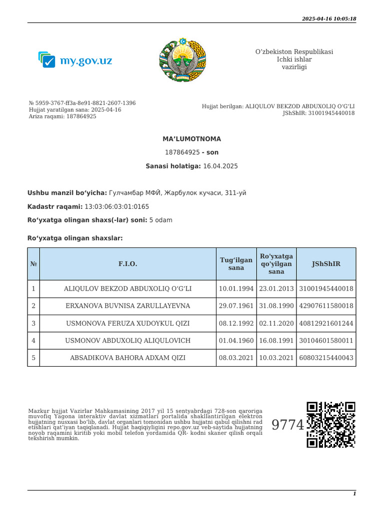 Ma Lumotnoma: F.I.O. Tug Ilgan Sana Ro'Yxatga Qo'Yilgan Sana Jshshir | PDF