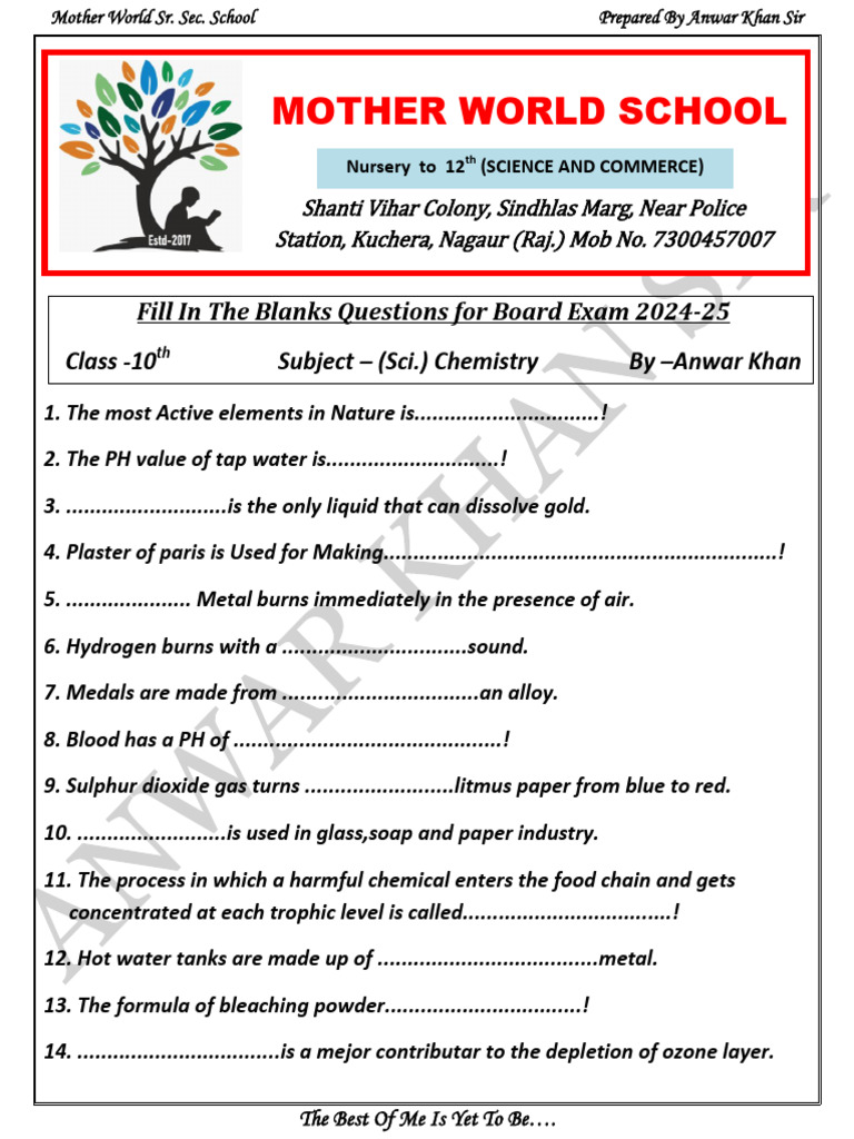Class 10 Chemistry Fill-in-the-Blanks | PDF | Chemical Reactions | Redox