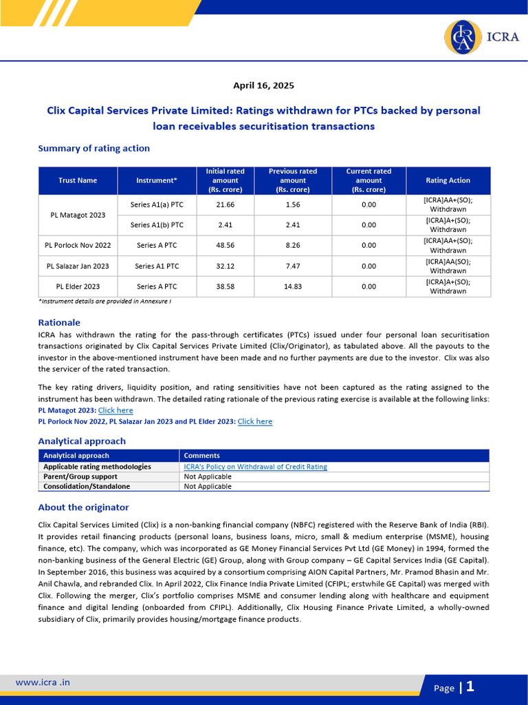 Clix Capital PTC Ratings Withdrawn | PDF | Credit Rating Agency ...