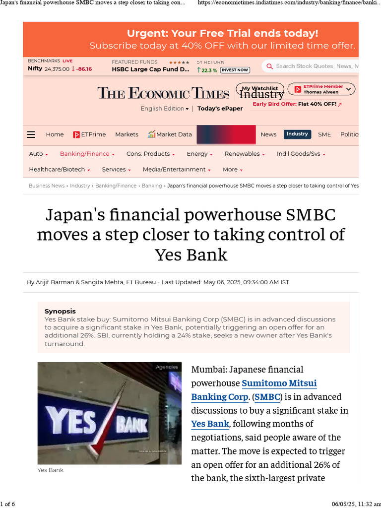 Japan's financial powerhouse SMBC moves a step closer to taking control of Yes Bank - The ...