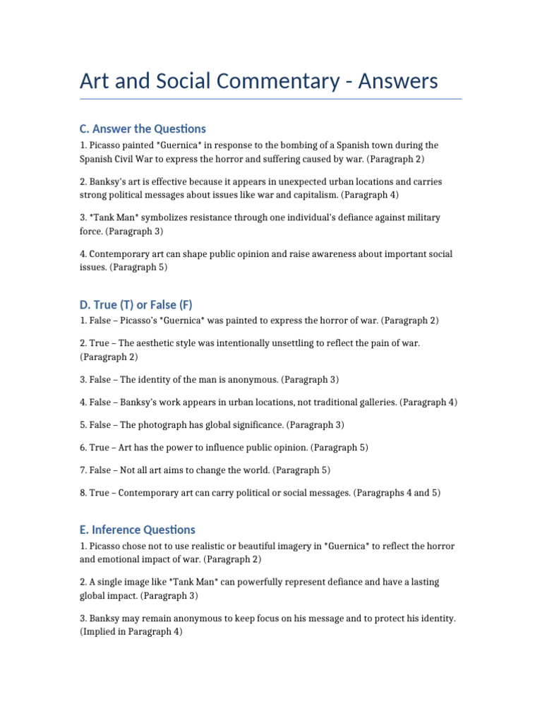 Art and Social Commentary Answers | PDF