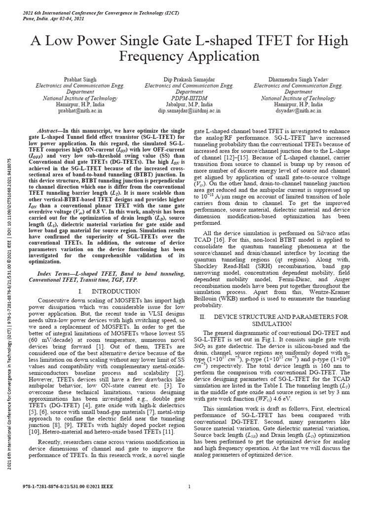 A Low Power Single Gate L-Shaped TFET For High Frequency Application | PDF | Field Effect ...