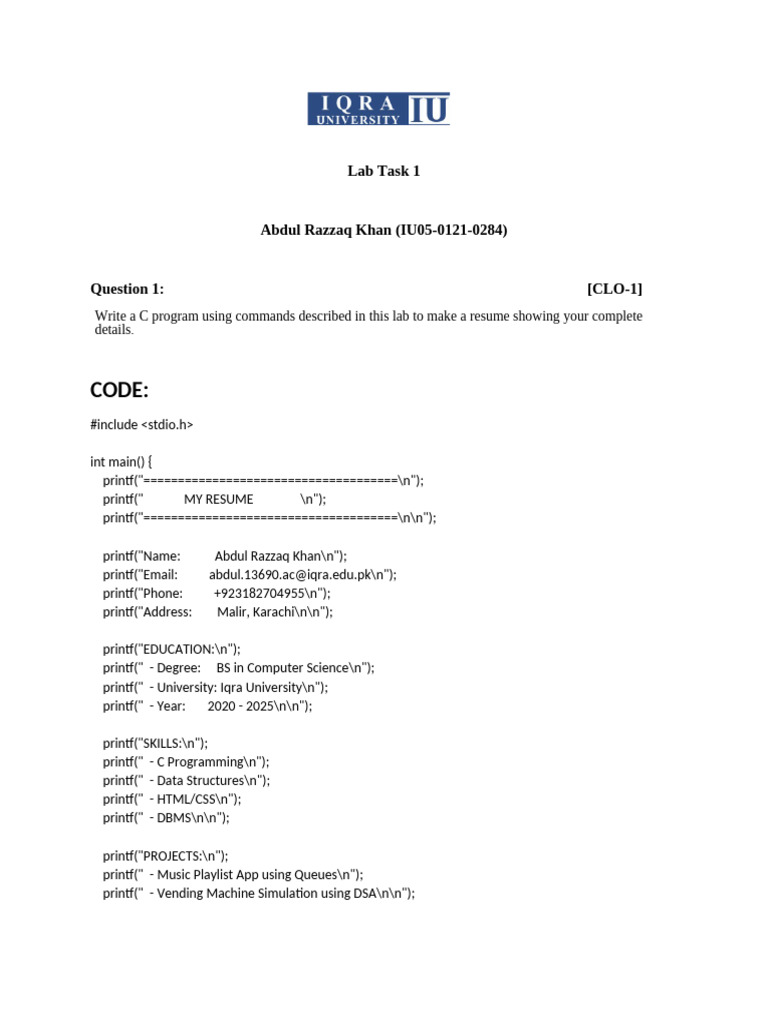 Lab Task 1 (Abdul Razzaq) | PDF
