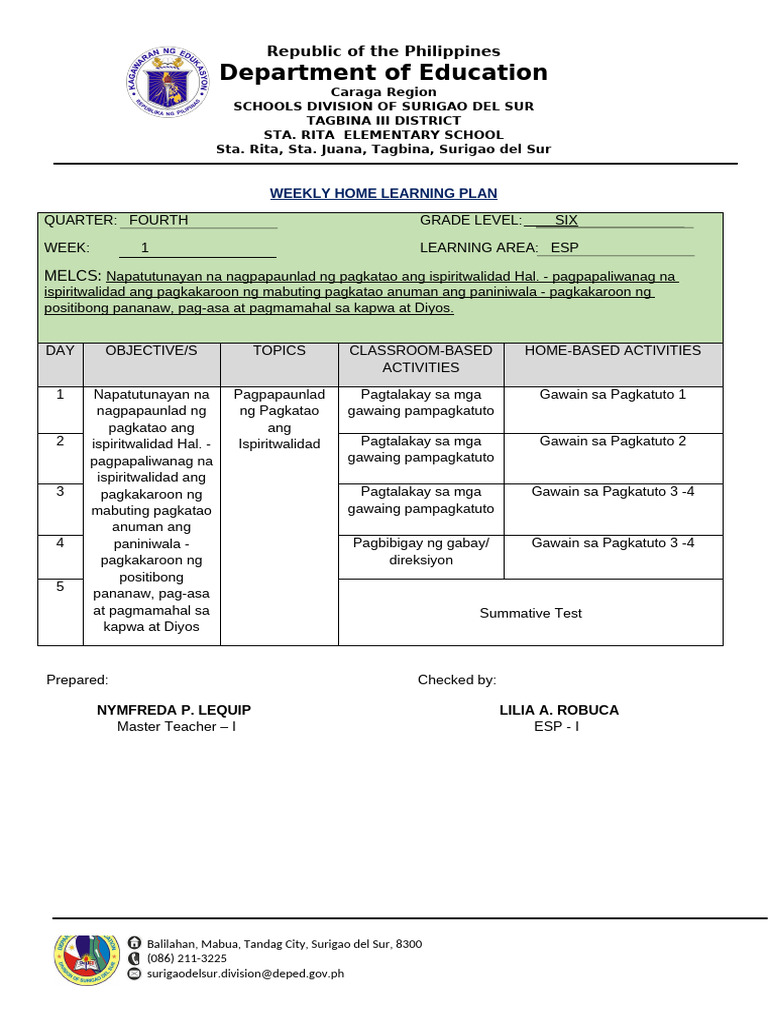 Weekly Home Learning Plan Sample | PDF