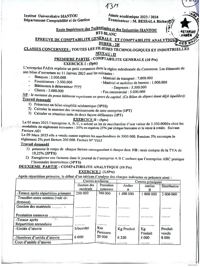 Épreuves Bts Blanc Siantou 2024 | PDF