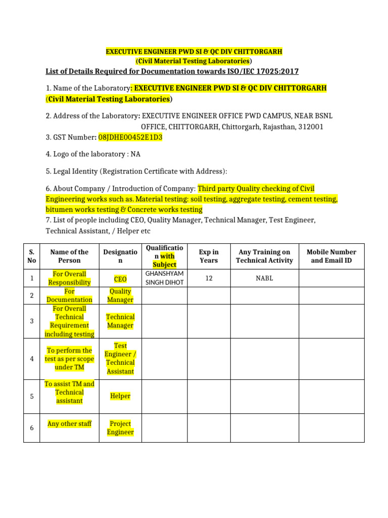 PWD LAB Details of CHITTORGARH | PDF