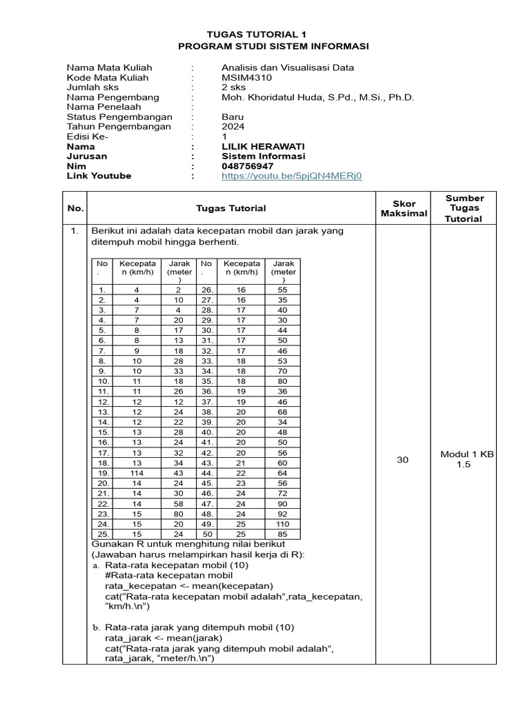 Tugas 1 Analisis Visualisasi Data Lilik Herawati 048756947 | PDF
