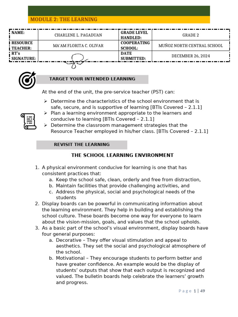 [Template] MODULE 2 the School Learning Environment | PDF | Classroom ...
