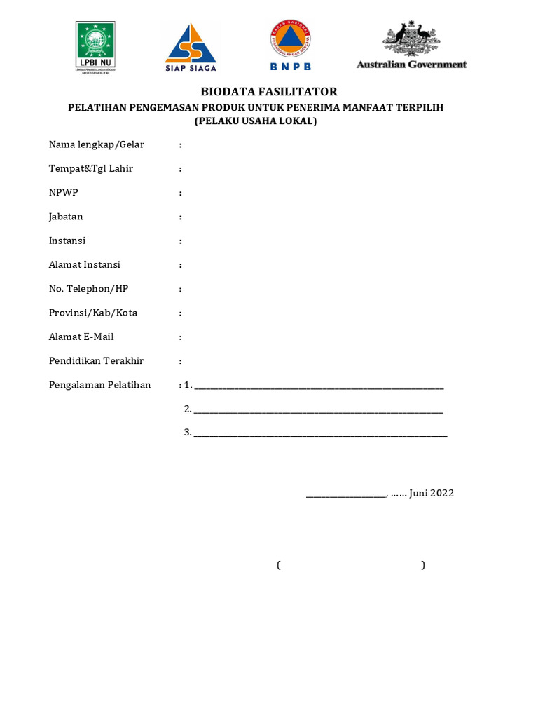 Form Biodata Fasilitator Pengemasan Produk | PDF