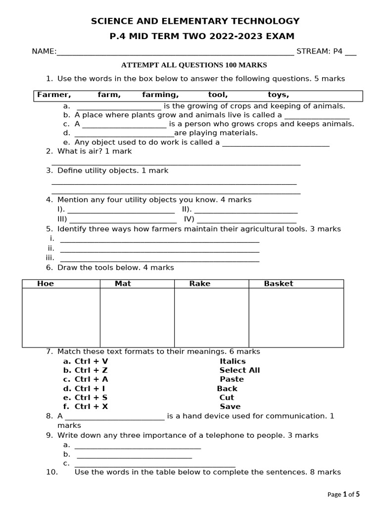 P4 Set Midterm One Test 2022-2023 | PDF | Agriculture