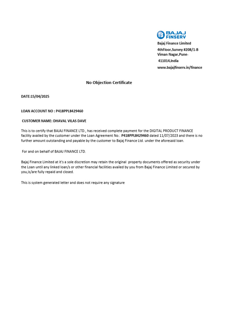 Bajaj Loan No Objection Certificate | PDF