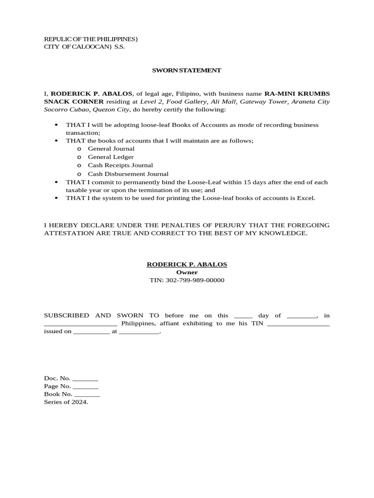 Sworn Statement for Loose-Leaf Accounting | PDF | Legal Communication ...