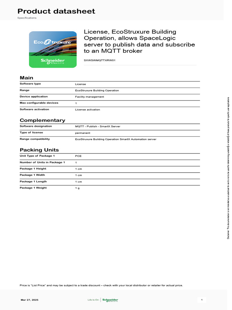 Schneider Electric - EcoStruxure-Building-Operation-Software - SXWSWMQTTXRW01 | PDF