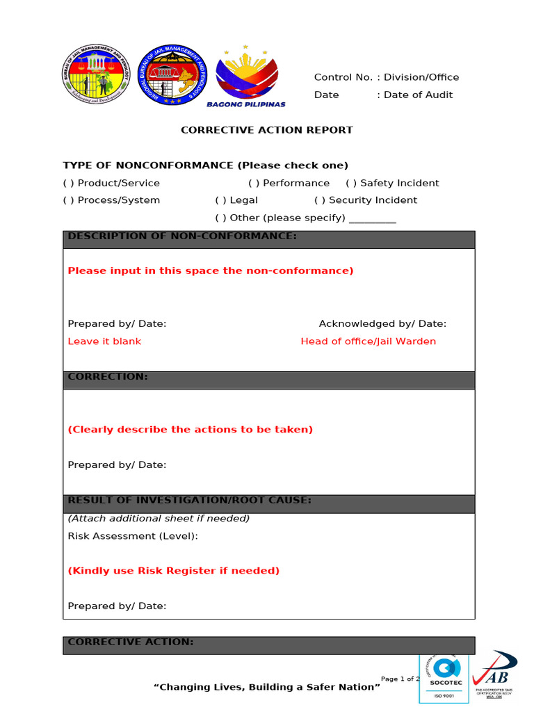 Corrective Action Report Template Form | PDF