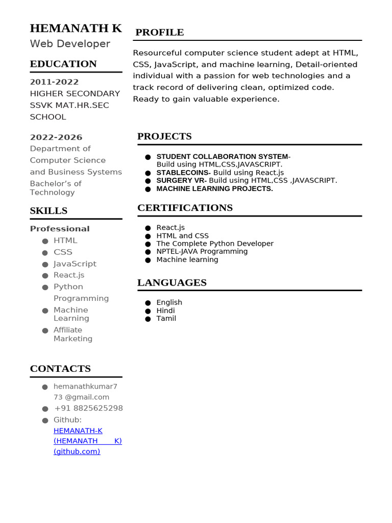 HEMANATH K Resume | PDF
