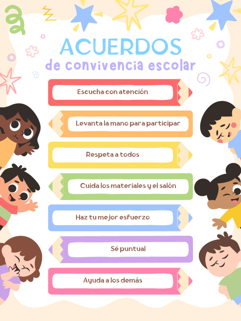 Póster Cartel Acuerdos de Convivencia Escolar Ilustrado Colorido | PDF