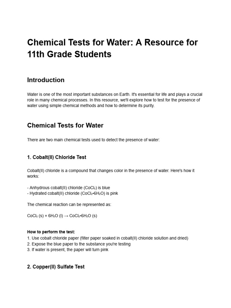 Chemical Tests For Water - A Resource For 11th Grade Students | PDF ...