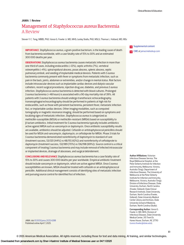 Review JAMA Managament of Staph aureus bacteraemia | PDF | Staphylococcus Aureus | Methicillin ...