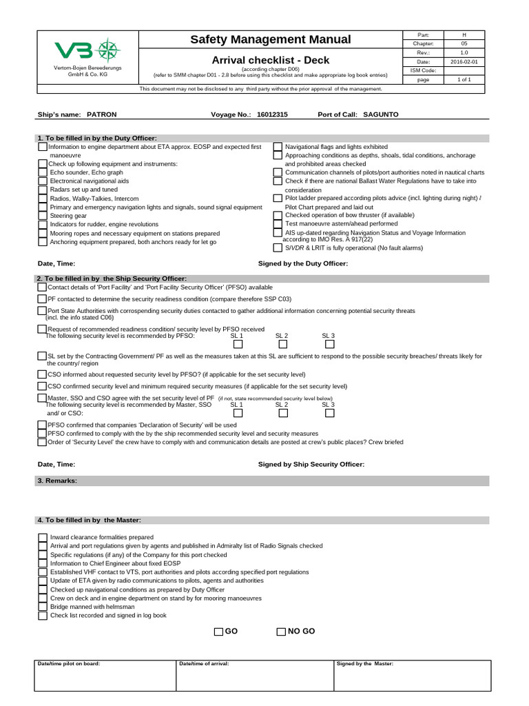 Arrival Checklist - Bridge - Rev. 1.0 | PDF | Navigation | Shipping