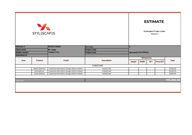 Mr. Sujay Beds Estimate | PDF