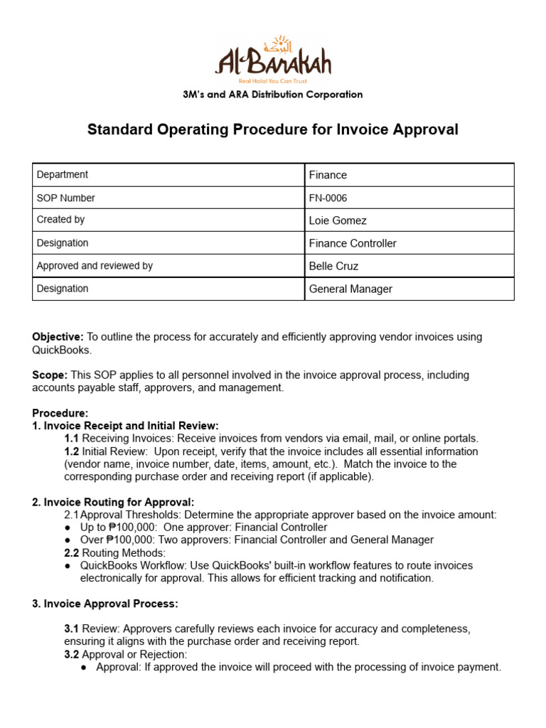 SOP For Invoice Approval | PDF | Invoice | Accounts Payable