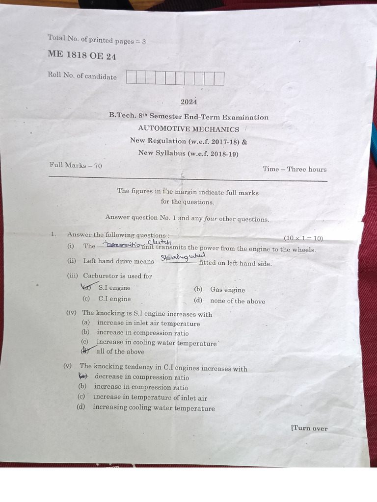 Automotive Mechanic 2024 PYQ | PDF